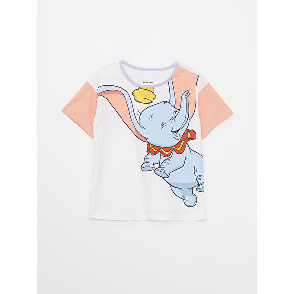 Bisiklet Yaka Kısa Kollu Dumbo Baskılı Pamuklu Kız Bebek Tişört
