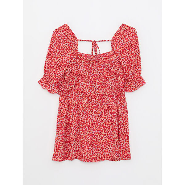 Kare Yaka Çiçekli Kısa Kollu Krinkle Hamile Bluz