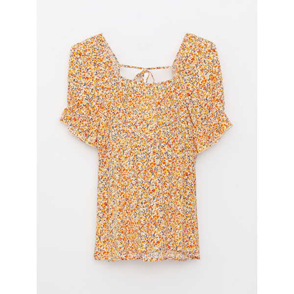 Kare Yaka Çiçekli Kısa Kollu Krinkle Hamile Bluz