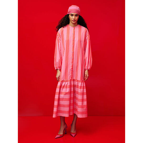 Kuaybe Gider X LC Waikiki Bisiklet Yaka Çizgili Uzun Kollu Poplin Kadın Elbise