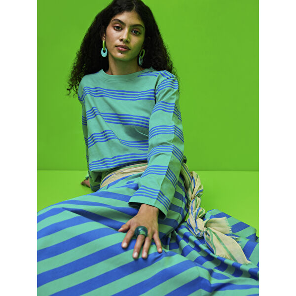 Kuaybe Gider X LC Waikiki Beli Lastikli Çizgili A Kesim Pamuklu Kadın Etek