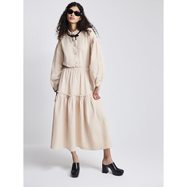 Kuaybe Gider X LC Waikiki Beli Lastikli Düz Pamuklu Kadın Volanlı Etek