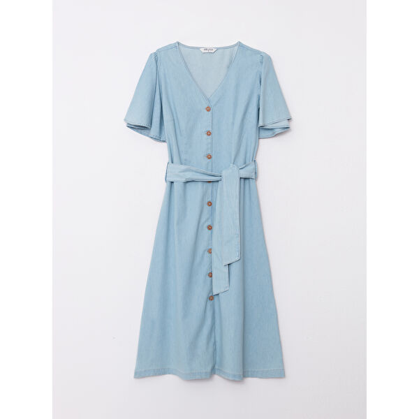 V Yaka Düz Kısa Kollu Kadın Jean Elbise