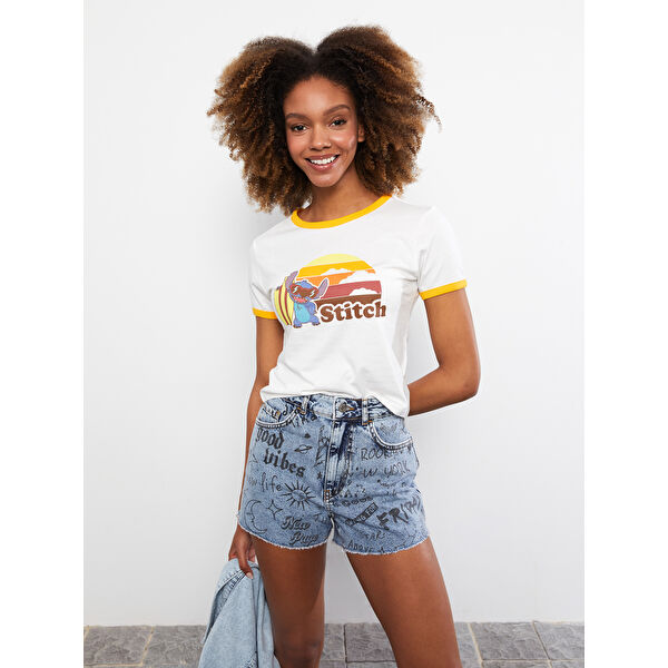 LCW CASUAL Bisiklet Yaka Lilo & Stitch Baskılı Kısa Kollu Pamuklu Kadın Tişört