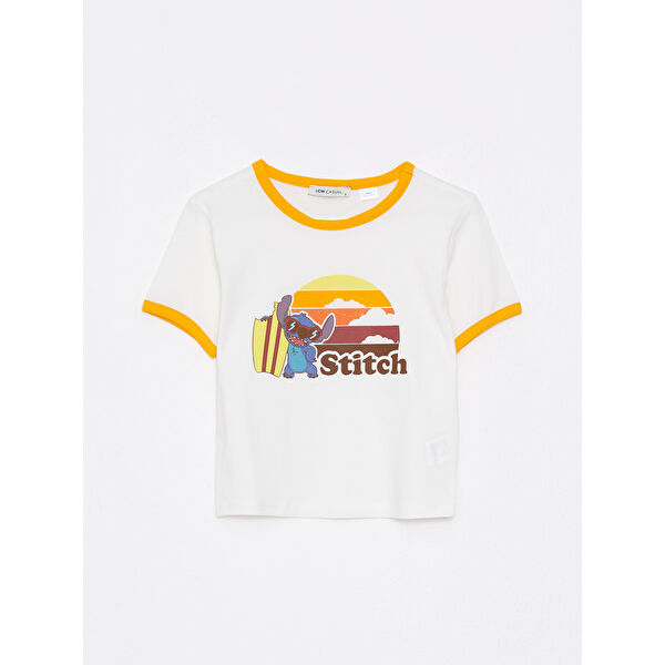 Bisiklet Yaka Lilo & Stitch Baskılı Kısa Kollu Pamuklu Kadın Tişört