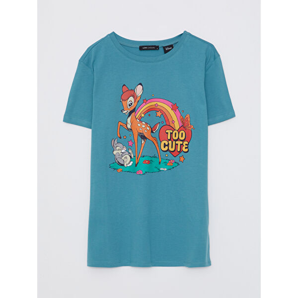 LCW CASUAL Bisiklet Yaka Bambi Baskılı Kısa Kollu Pamuklu Kadın Tişört