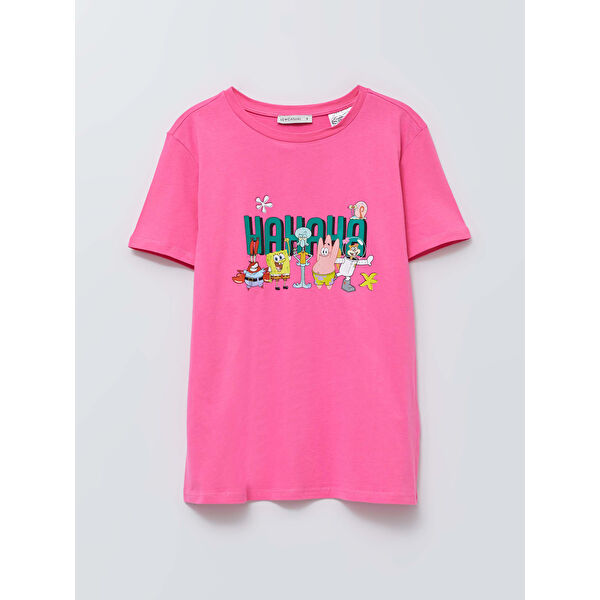 LCW CASUAL Bisiklet Yaka Sünger Bob Baskılı Kısa Kollu Pamuklu Kadın Tişört