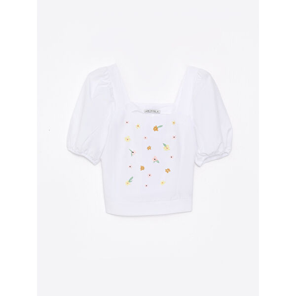 LCW LIMITED Kare Yaka Nakışlı Kısa Kollu Poplin Kadın Bluz