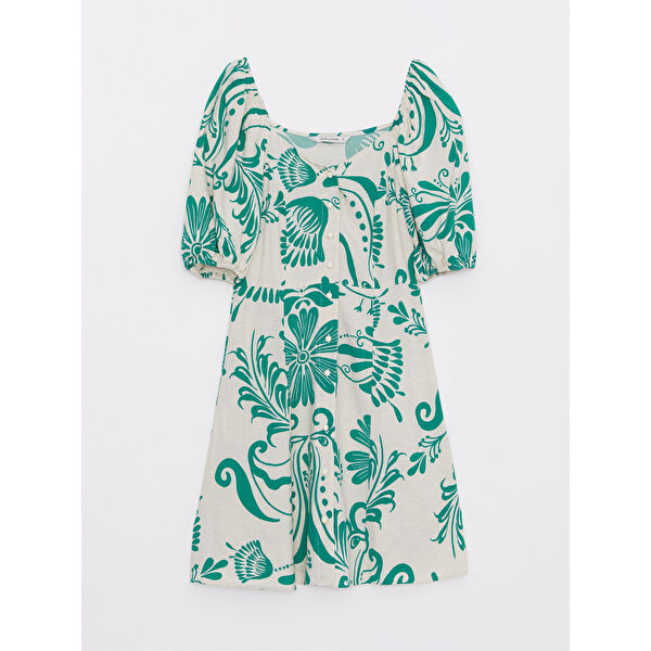 LCW CASUAL Kalp Yaka Desenli Kısa Kollu Keten Kadın Elbise LCW CASUAL Kalp Yaka Desenli Kısa Kollu Keten Kadın Elbise