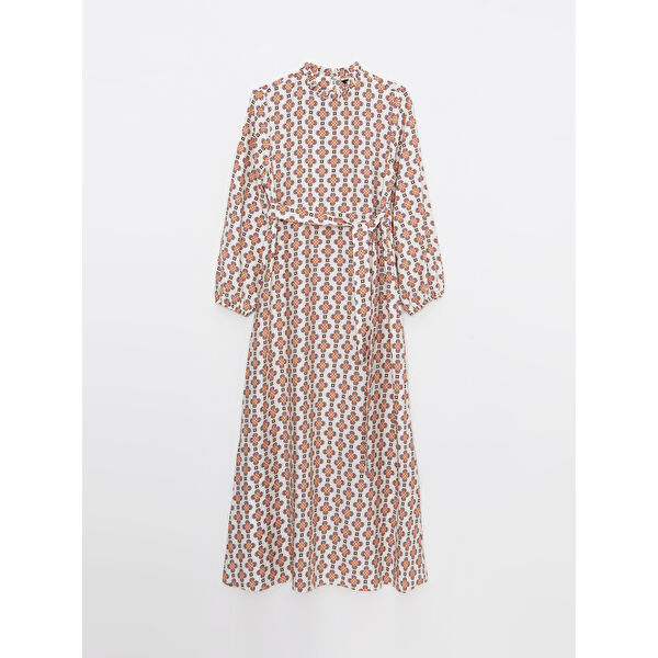 Fırfırlı Dik Yaka Desenli Uzun Kollu Kadın Elbise