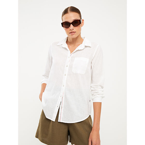 Önden Düğme Kapamalı Düz Uzun Kollu Poplin Kadın Gömlek