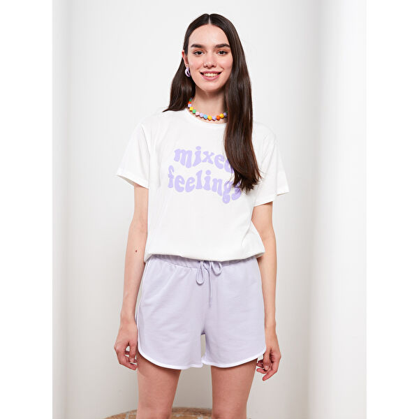 LCW CASUAL Bisiklet Yaka Yazı Baskılı Kısa Kollu Pamuklu Kadın Tişört