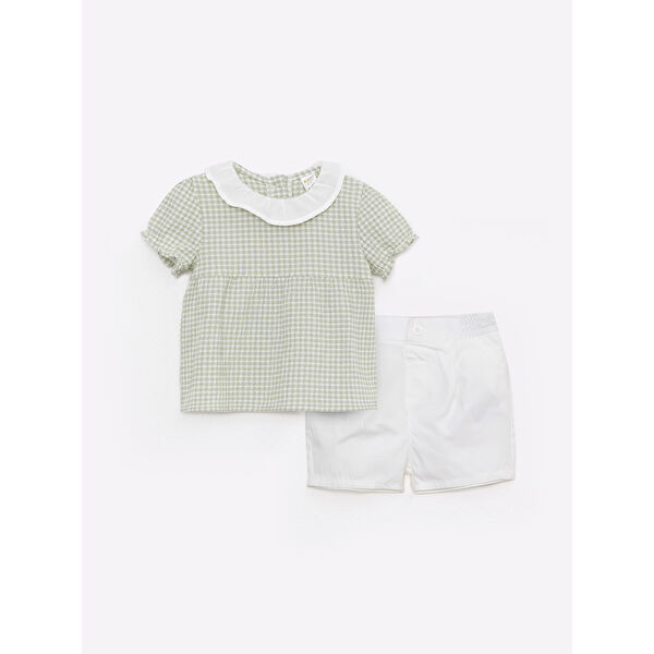 KANZ Bisiklet Yaka Kısa Kollu Ekose Desenli Kız Bebek Tişört ve Şort 2'li Takım