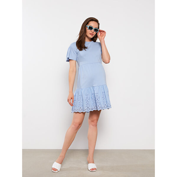 Bisiklet Yaka Nakışlı Kısa Kollu Hamile Elbise