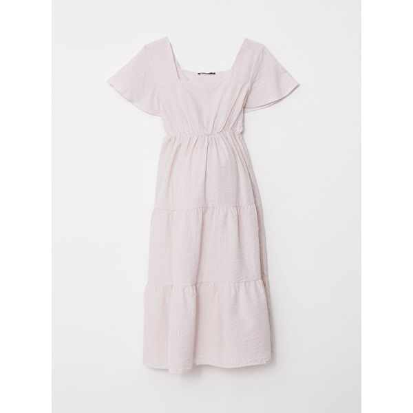 Kare Yaka Çizgili Kısa Kollu Hamile Elbise