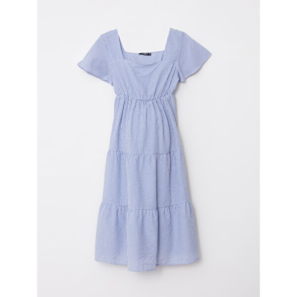 Kare Yaka Çizgili Kısa Kollu Hamile Elbise