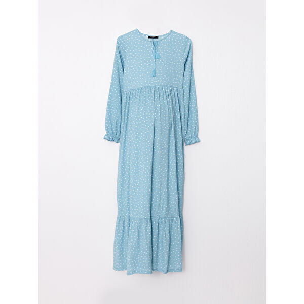 Bağlamalı Yaka Puantiyeli Uzun Kollu Krinkle Hamile Elbise