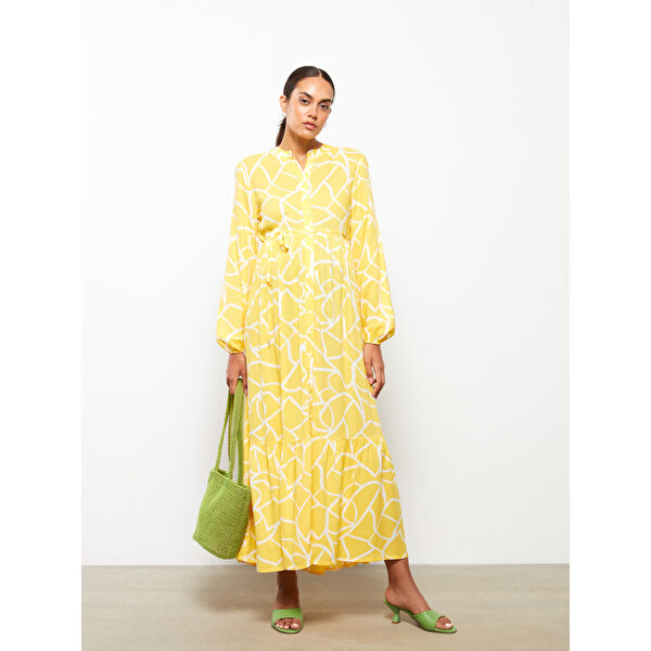 Hakim Yaka Desenli Uzun Kollu Viskon Hamile Elbise