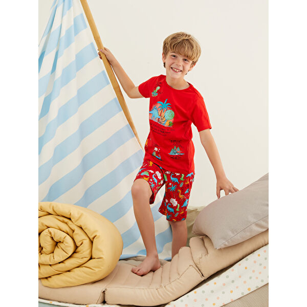 Bisiklet Yaka Baskılı Kısa Kollu Erkek Çocuk Şortlu Pijama Takımı