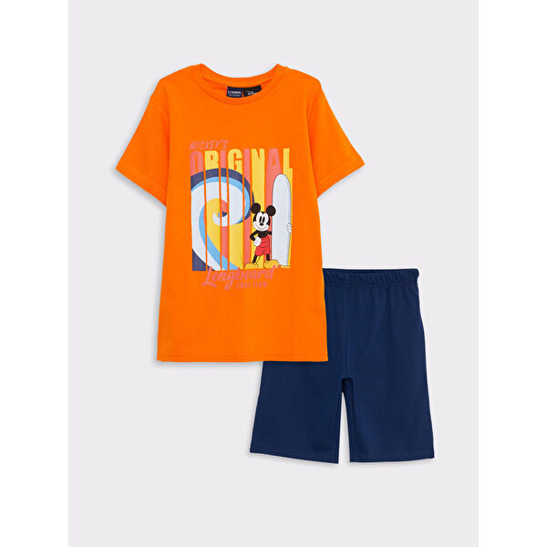 Bisiklet Yaka Mickey Mouse Baskılı Kısa Kollu Erkek Çocuk Şortlu Pijama Takımı