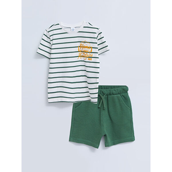 Bisiklet Yaka Kısa Kollu Çizgili Erkek Bebek Tişört ve Şort 2'li Takım