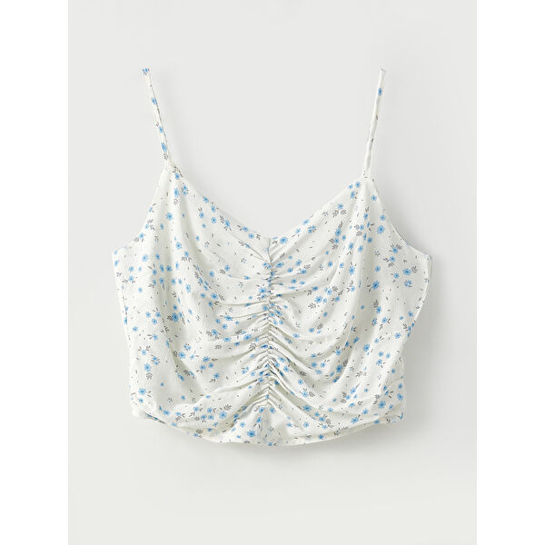 Kalp Yaka Çiçekli Askılı Crop Viskon Kadın Bluz