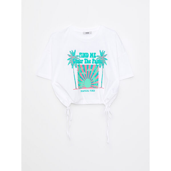XSIDE Bisiklet Yaka Baskılı Kısa Kollu Crop Pamuklu Kadın Tişört
