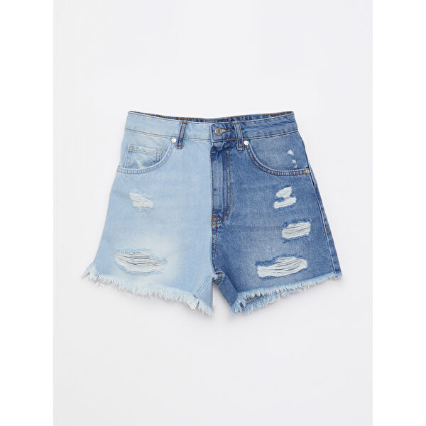 Yüksek Bel Standart Fit Renk Bloklu Yırtık Detaylı Kadın Rodeo Jean Şort Yüksek Bel Standart Fit Renk Bloklu Yırtık Detaylı Kadın Rodeo Jean Şort