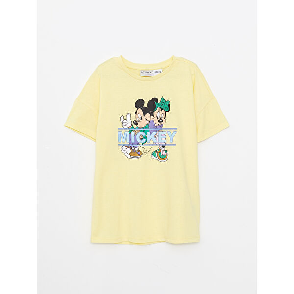 Bisiklet Yaka Minnie ve Mickey Mouse Baskılı Kısa Kollu Kız Çocuk Tişört Bisiklet Yaka Minnie ve Mickey Mouse Baskılı Kısa Kollu Kız Çocuk Tişört
