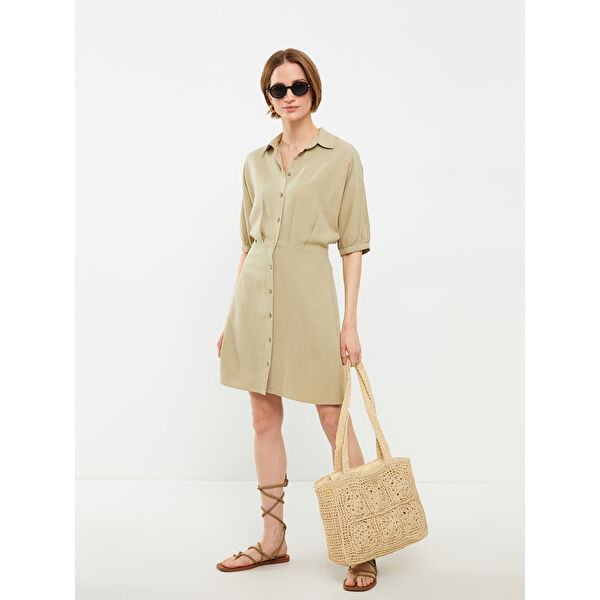 LCW VISION Gömlek Yaka Düz Kısa Kollu Keten Kadın Elbise