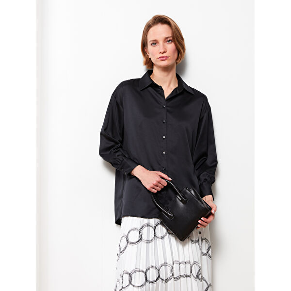 MODEST Gömlek Yaka Düz Uzun Kollu Saten Kadın Tunik