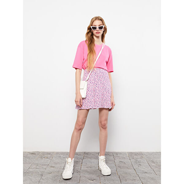 Beli Fermuarlı Çiçekli Viskon Kadın Şort Etek