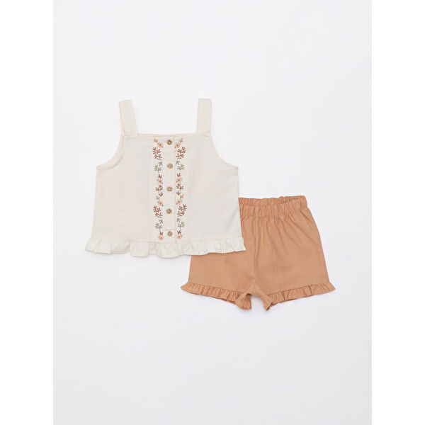 Kare Yaka Askılı Nakış Detaylı Kız Bebek Bluz ve Şort 2'li Takım