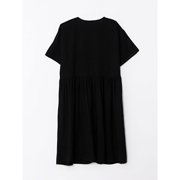 Büyük Beden V Yaka Düz Kısa Kollu Kadın Elbise