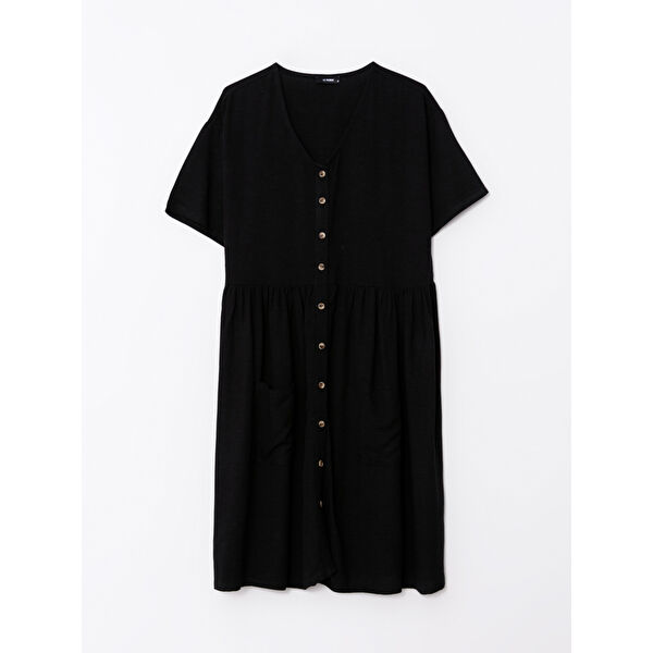 Büyük Beden V Yaka Düz Kısa Kollu Kadın Elbise