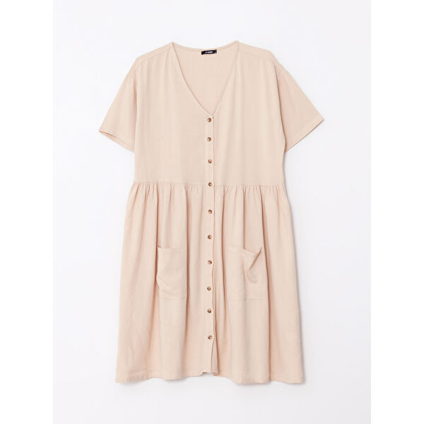 Büyük Beden V Yaka Düz Kısa Kollu Kadın Elbise