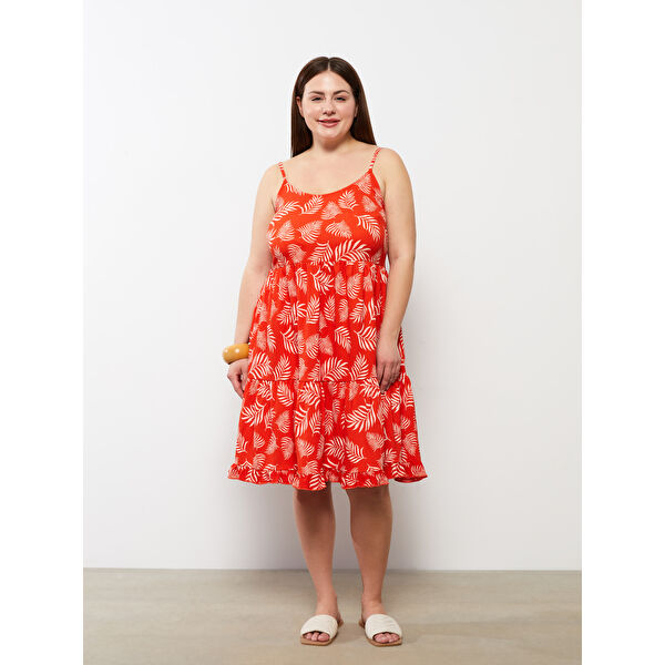 Büyük Beden U Yaka Çiçekli Askılı Krinkle Kadın Elbise