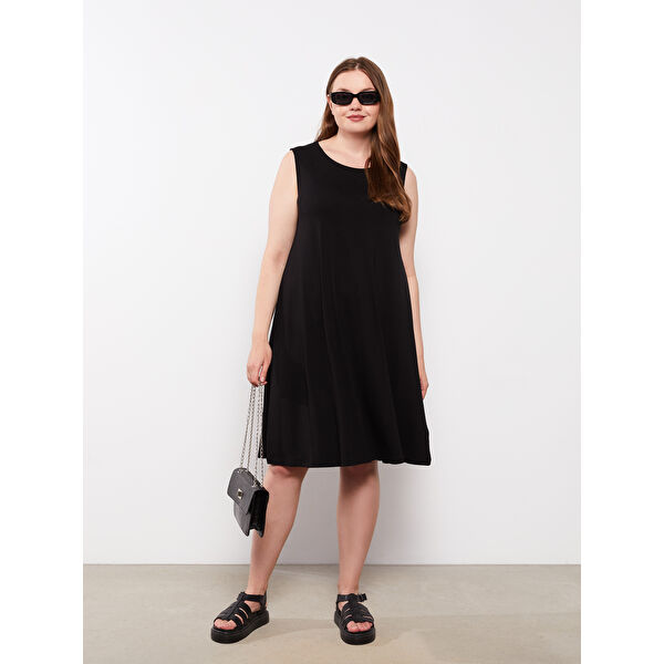 Büyük Beden Bisiklet Yaka Düz Kolsuz Kadın Elbise