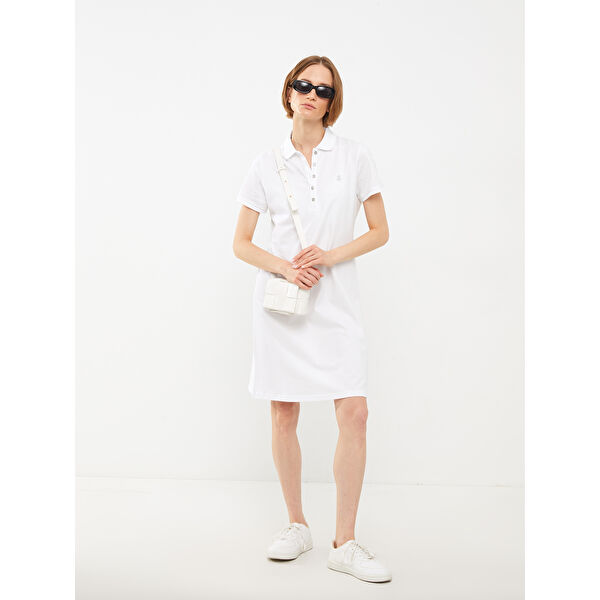 Polo Yaka Nakışlı Kısa Kollu Pamuklu Kadın Elbise