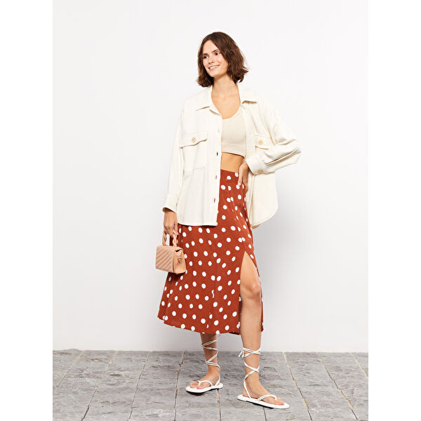 Beli Fermuarlı Puantiyeli Viskon Kadın Etek