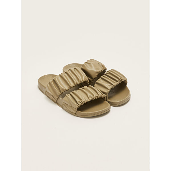 Deri Görünümlü Büzgülü Çift Bantlı Kadın Terlik