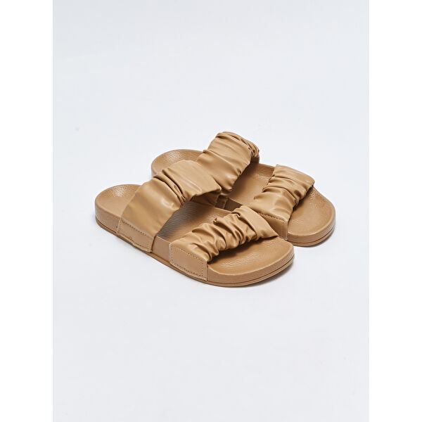 Deri Görünümlü Büzgülü Çift Bantlı Kadın Terlik