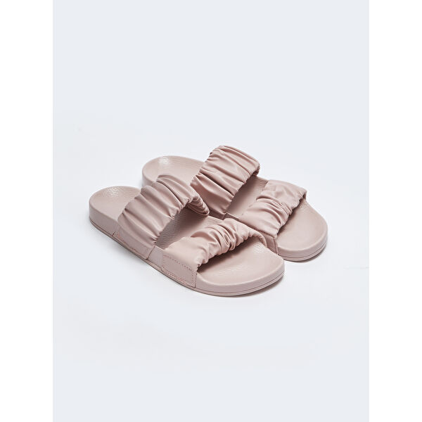 Deri Görünümlü Büzgülü Çift Bantlı Kadın Terlik