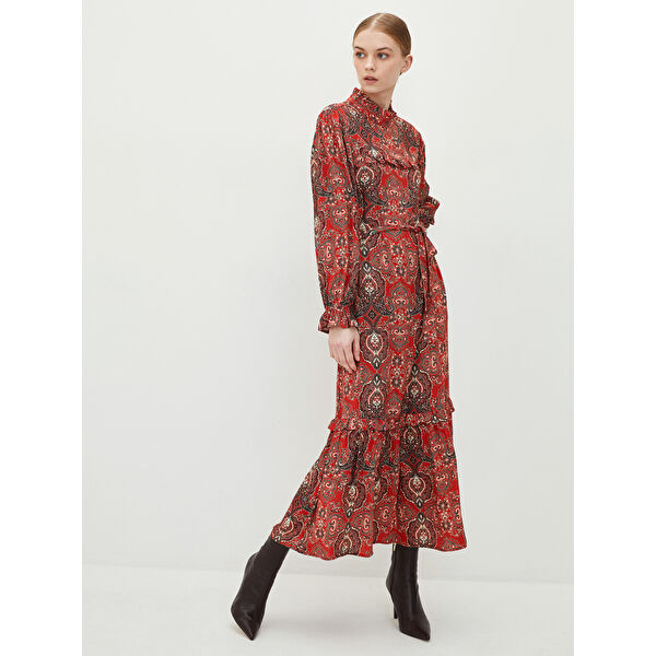 MODEST Dik Yaka Desenli Uzun Kollu Viskon Kadın Elbise