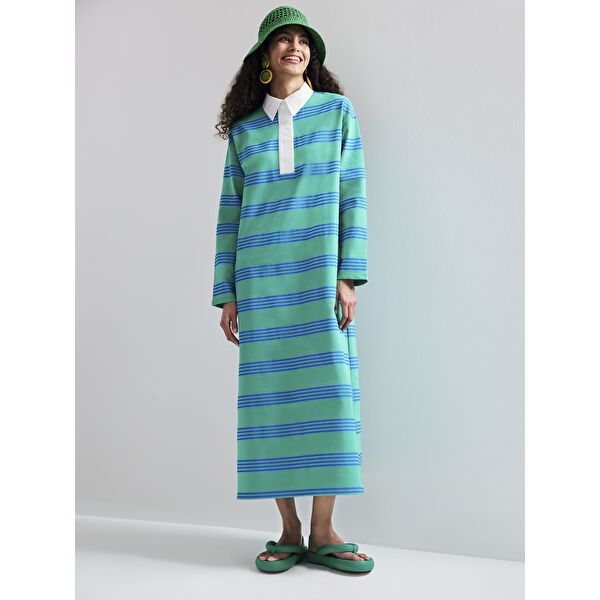 Kuaybe Gider X LC Waikiki Gömlek Yaka Çizgili Uzun Kollu Kadın Elbise