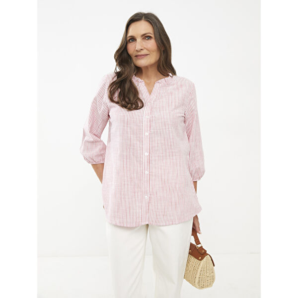 LCW GRACE Kaçık Yaka Çizgili Pamuklu Kadın Gömlek