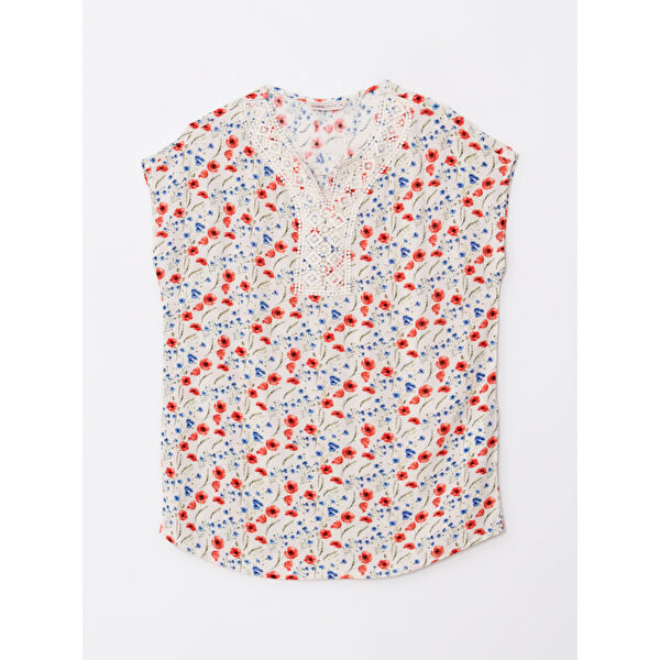 LCW GRACE Kaçık Yaka Desenli Kısa Kollu Viskon Kadın Bluz