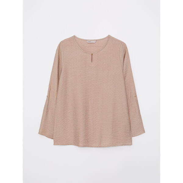 LCW GRACE Bisiklet Yaka Düz Uzun Kollu Keten Kadın Bluz