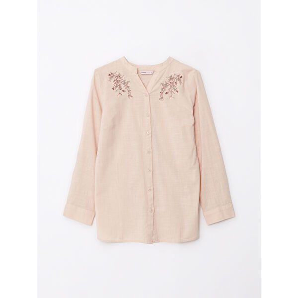 LCW GRACE Kaçık Yaka Nakışlı Uzun Kollu Pamuklu Kadın Gömlek