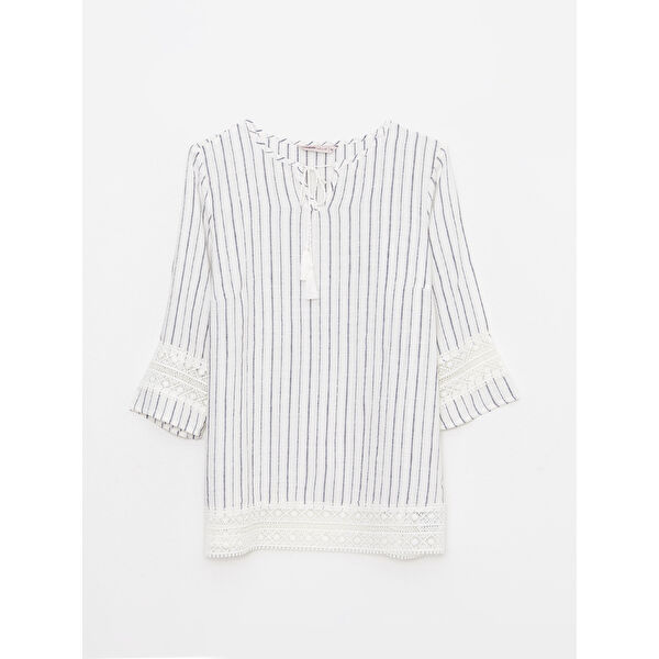 Bağlamalı Yaka Çizgili Uzun Kollu Kadın Bluz